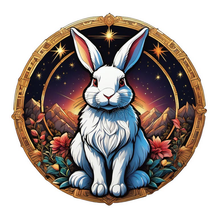 Digital Illustration of a White Rabbit, Round Sticker or Patch Form ...