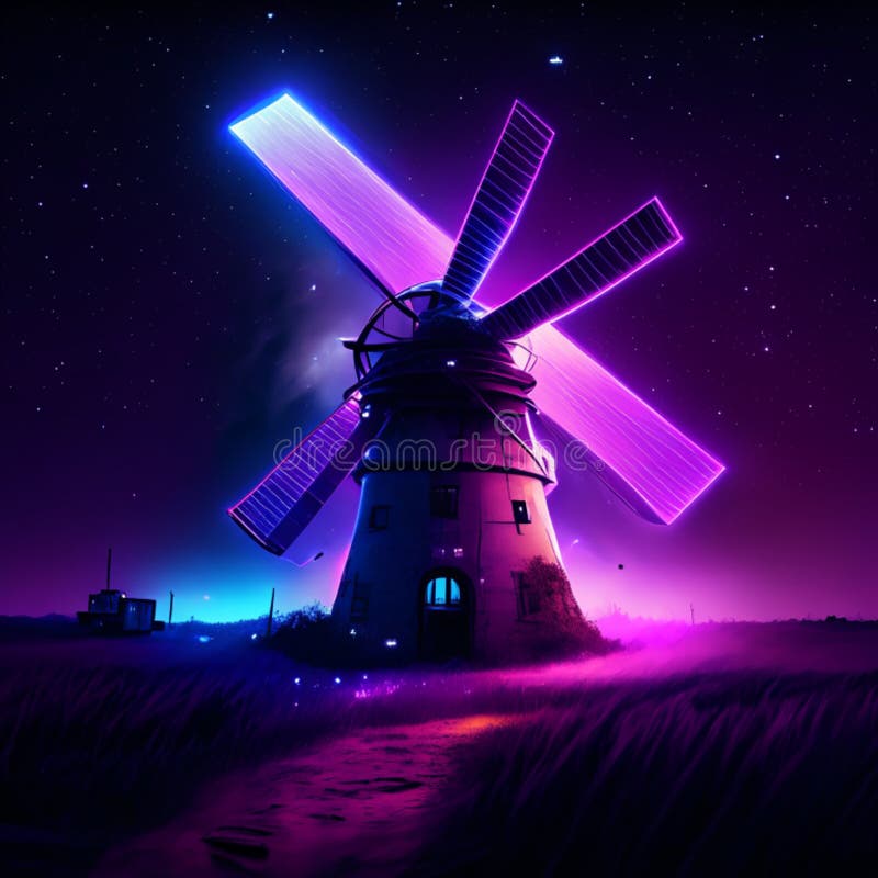 Digital Illustration of a Windmill at Night. 3D Rendering Stock ...