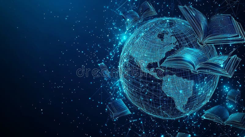 Digital Illustration of a Wireframe Globe with Floating Open Books ...