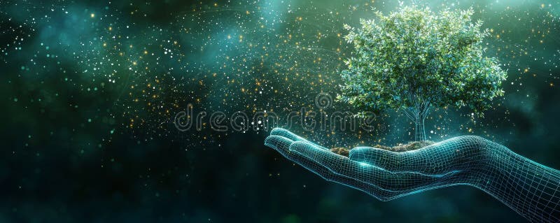 Digital Illustration of Wireframe Hand Nurturing a Growing Tree in ...