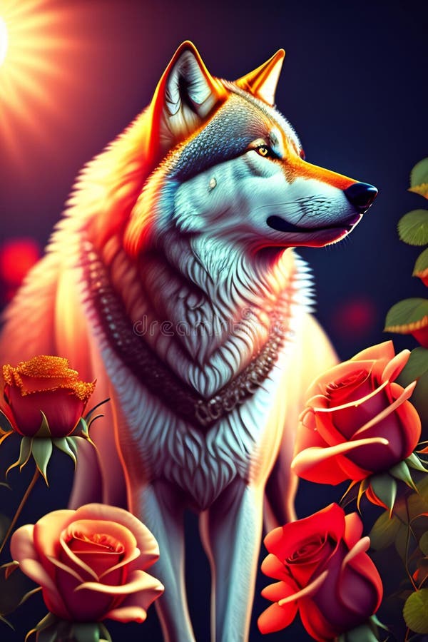 Digital Illustration of a Wolf with Roses in the Background. 3D ...