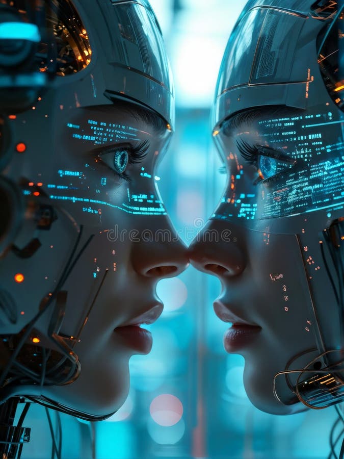 Digital Illustration of a Woman and Robot Head Heads Stock Illustration ...