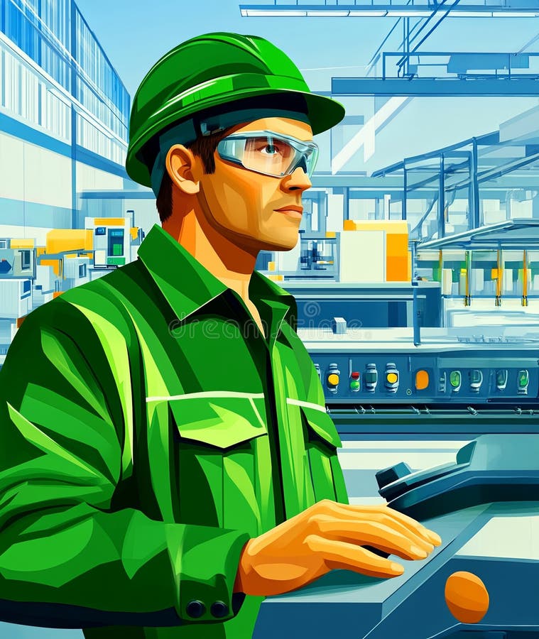Digital Illustration of a Worker in a Green Uniform and Helmet ...