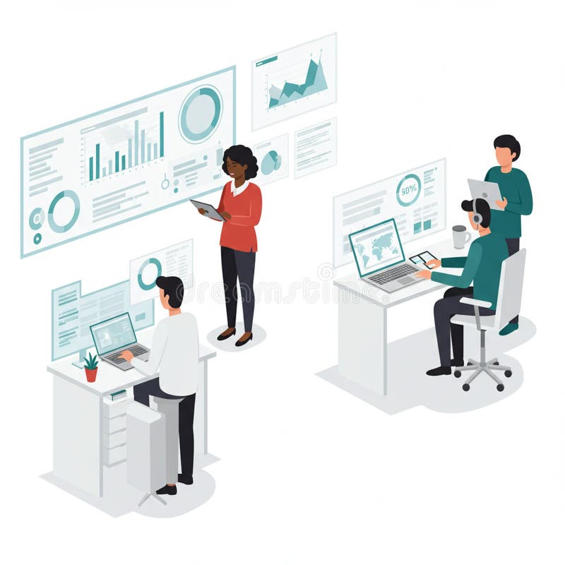 A Digital Illustration of a Workspace with Three People Interacting ...