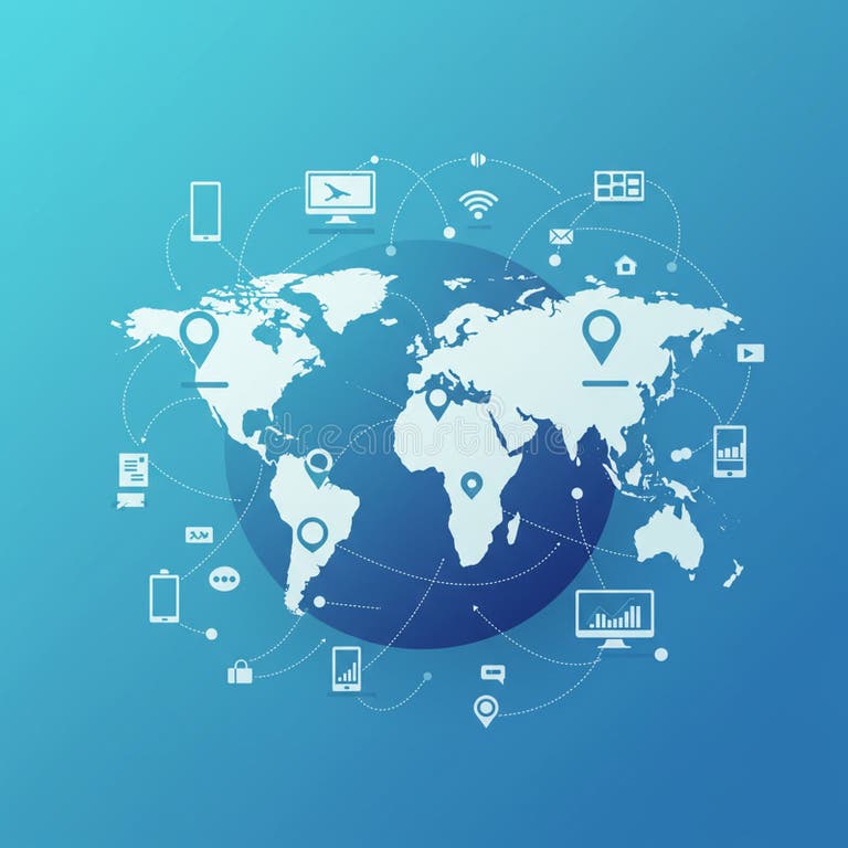 A Digital Illustration of a World Map on a Blue Gradient Background ...