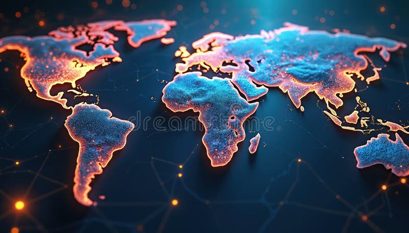 Digital Illustration World Map with Glowing Dots Connected by Lines ...