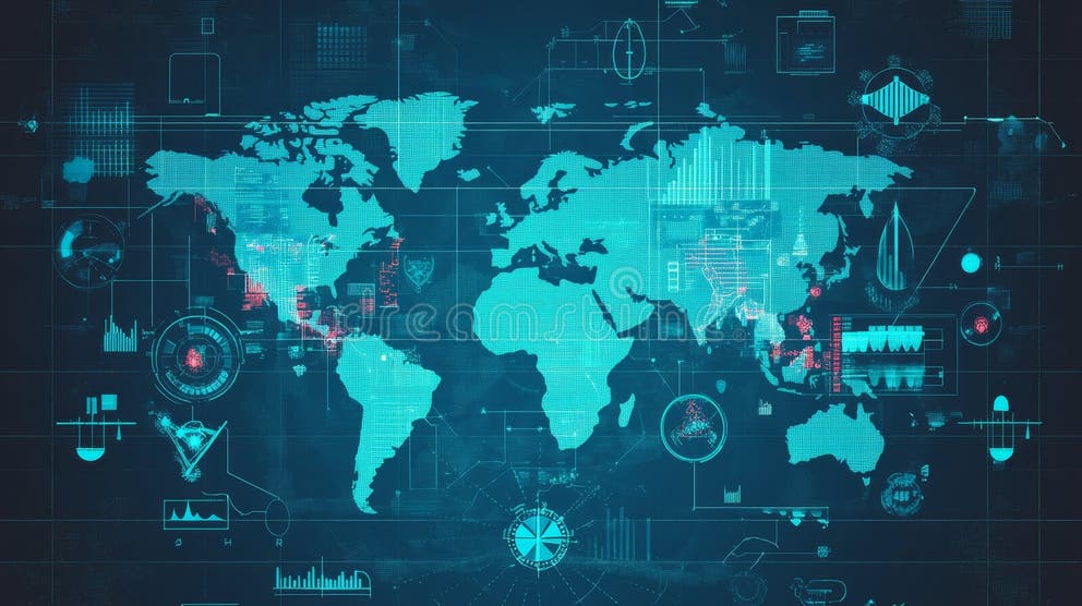 Digital Illustration of a World Map with Interactive Elements and Data ...