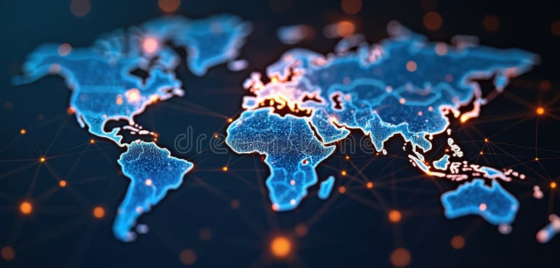 Digital Illustration of World Map with Network Connections. Blue ...