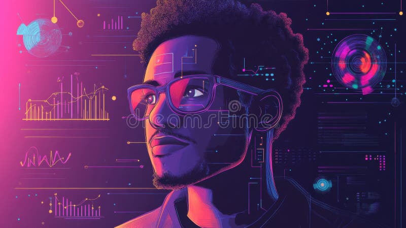 Digital Illustration of a Young Man Against a Tech Backdrop Stock ...