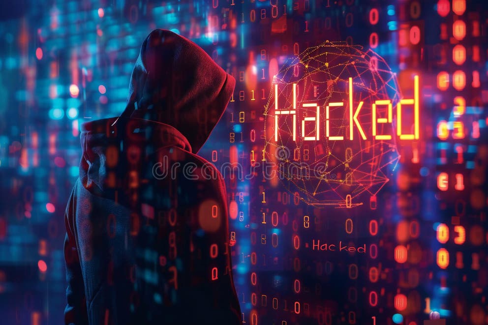 Digital Image of Abstract Hacker Silhouette in a Hood Against Binary Code and a Digital Screen ...