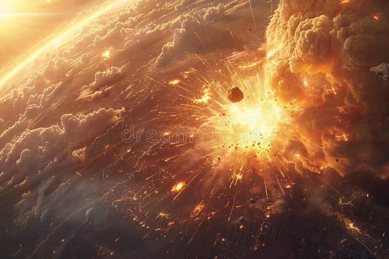 Digital Image of Asteroid Hitting the Earth, Causing it To Break Up and ...