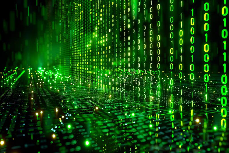 Green Code Matrix Background, on a Computer Screen, Binary Code Falling Down the Centre of a ...