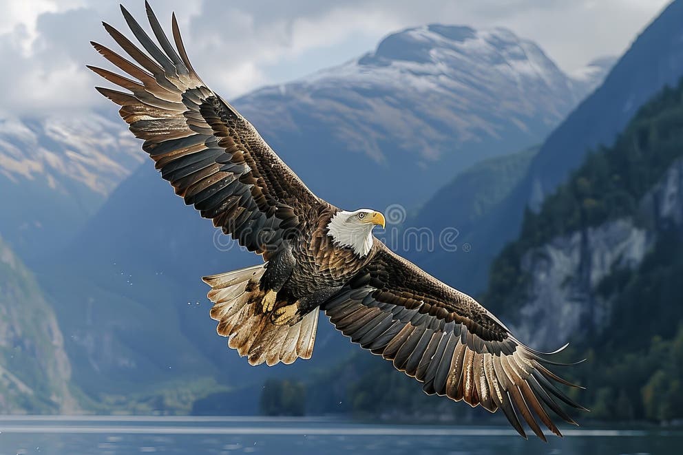Digital Image of Bald Eagle is Flying Over Bodies of Water between Mountains Stock Illustration ...