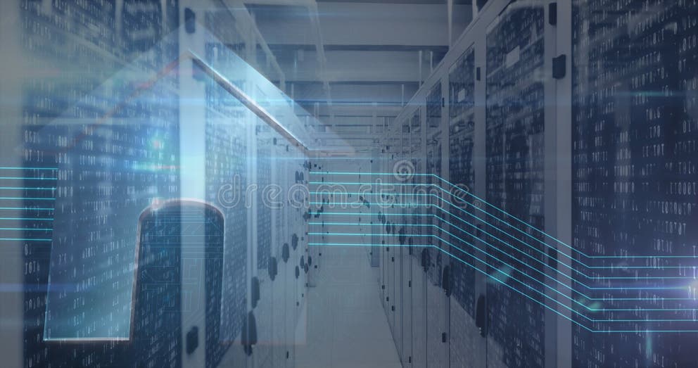 Digital Image of Binary Coding Data Processing and Light Trails Against Empty Server Room Stock ...
