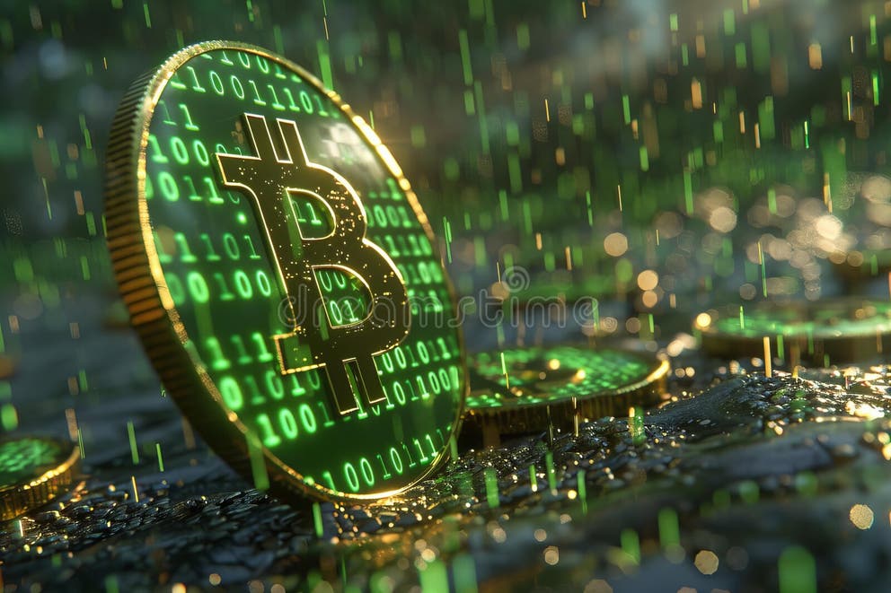 Digital Image of the Bitcoin Logo Made Out of Green Digital Binary Code ...