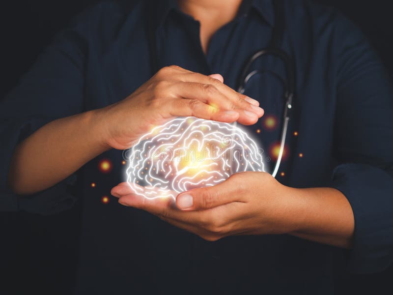 Digital Image of the Brain on the Palm. Artificial Intelligence, AI ...