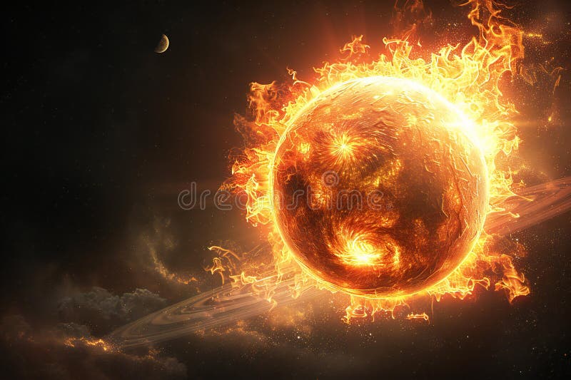 Digital Image of Burning Sun with Flames on a Black Background. an ...