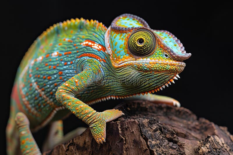 Digital Image of Chameleon, on Top of Tree Trunk, Black Background ...
