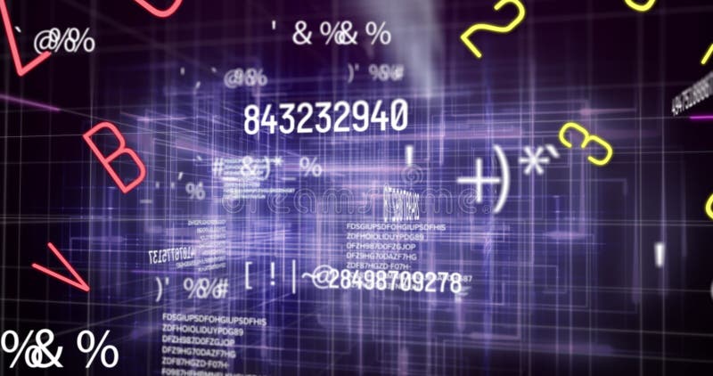 Digital Image of Changing Numbers and Symbols and Purple Light Trails ...