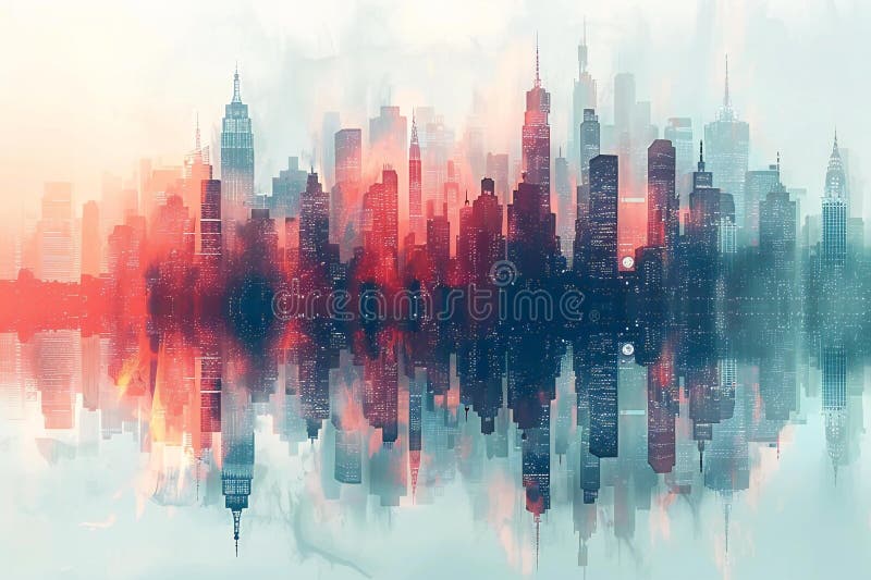 Digital Image of Cityscape with Tall Buildings with Reflection Over a ...