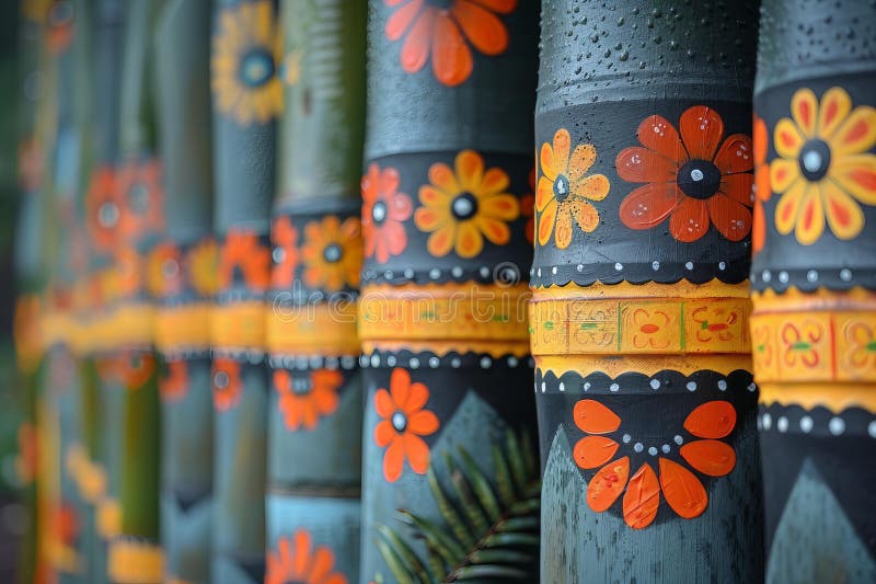 Digital Image of Closeup of Aboriginal Art Painted on Long Bamboo Poles ...