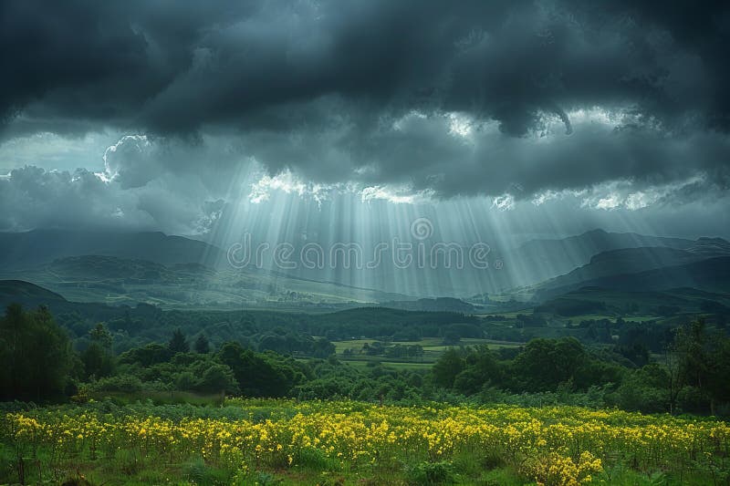 Digital Image of Dark Clouds with Light Rays Over the Scottish ...