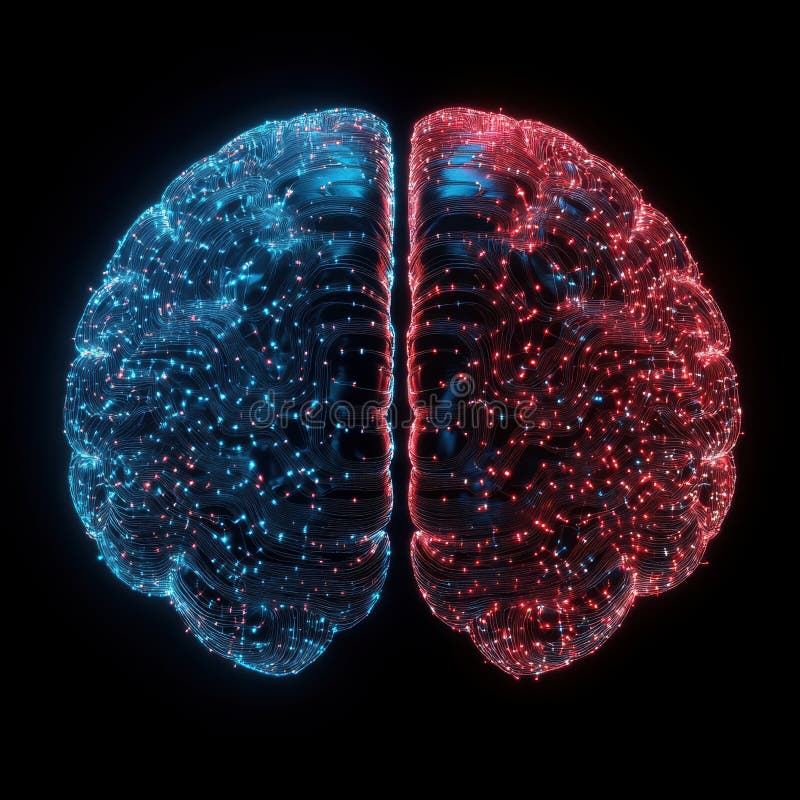 A Digital Image of a Dual AI Brain with Intertwined Red and Blue ...