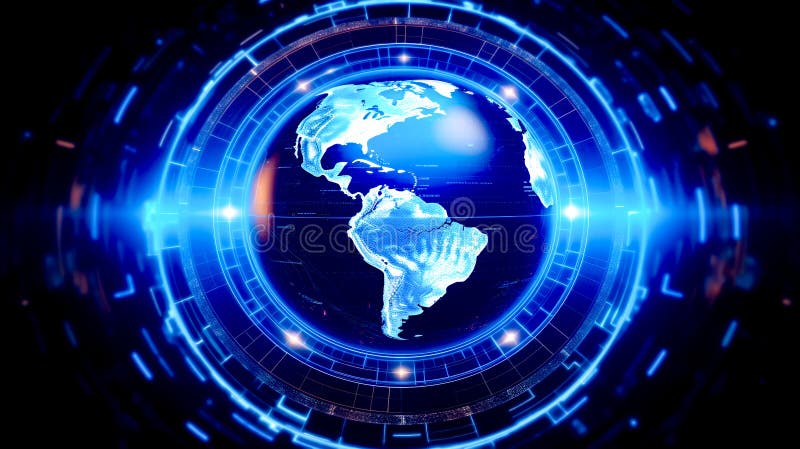 Digital Image of the Earth in Circle with Blue Lights Around it ...