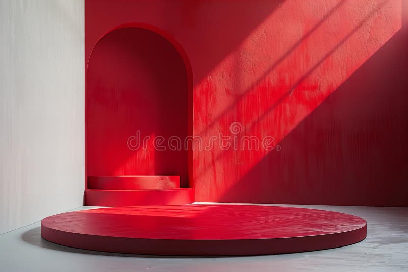 Digital Image of Empty Red Circular Platform and Red Wall on White ...