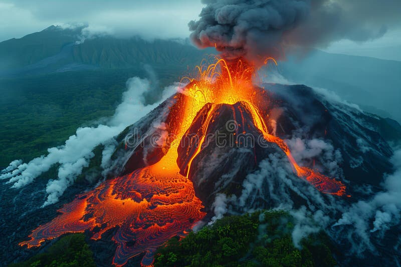 Digital Image of Erupting Volcano, Centered in Frame, Glowing Red and ...
