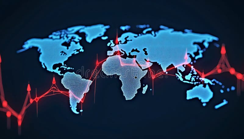 Global Data Trends Represented by a Red Line Graph on a World Map ...