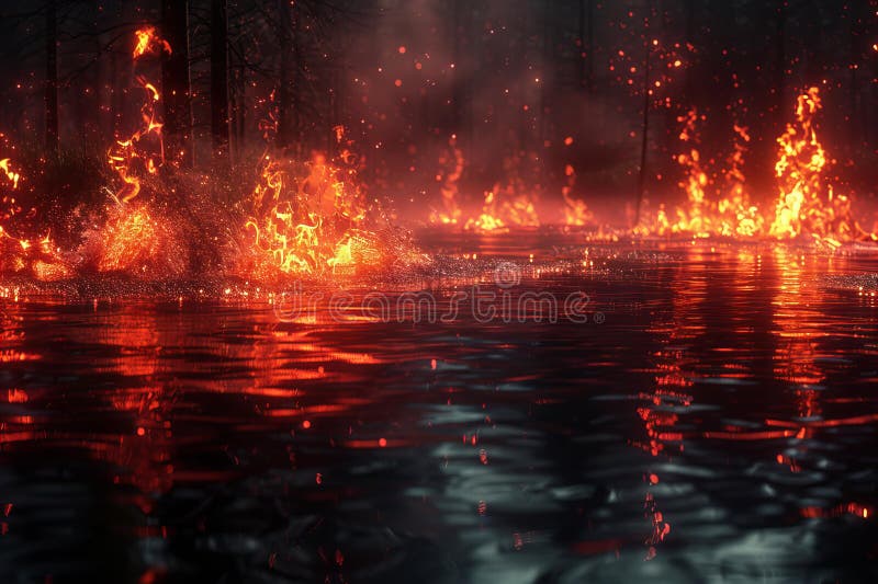 Digital Image of Fire in River, Reflection of Red Fire, Water Splash ...