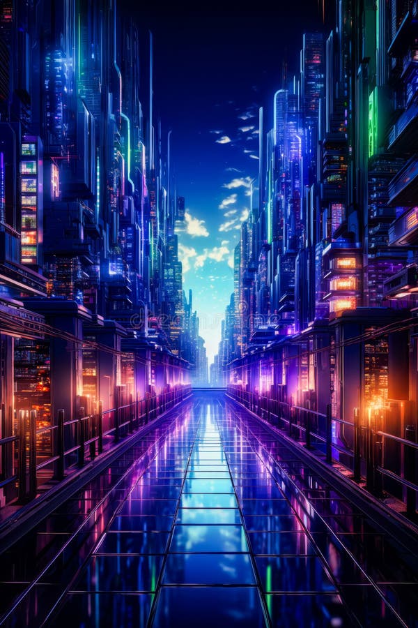 Digital Image of Futuristic City at Night with Neon Lights. Generative ...