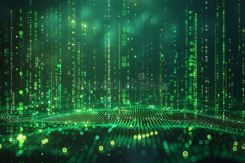 Green Code Matrix Background, on a Computer Screen, Binary Code Falling Down the Centre of a ...