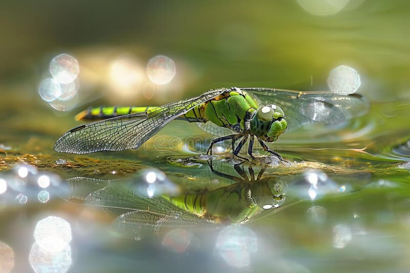 Digital Image of Green Dragonfly Perched on the Edge of the Water, Its ...