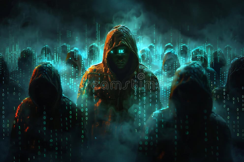 Digital Image of Hacker in a Hood is Surrounded by Binary Code and a Digital Background ...