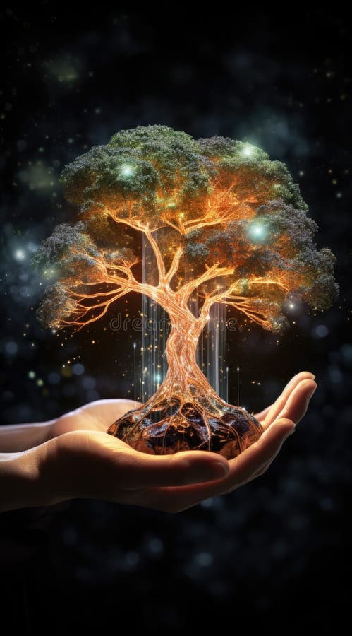 Digital Image of a Hand Holding a Glowing Tree with Threads of Light ...