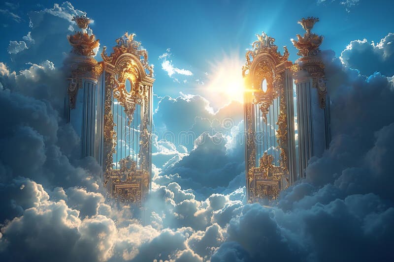 Digital Image of Large Open Gates of Heaven in the Clouds, Blue Sky ...