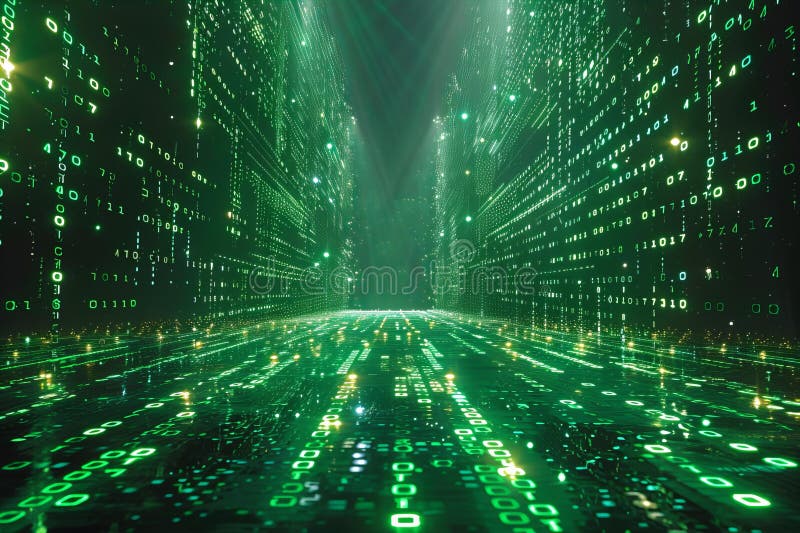 Digital Image of Digital Matrix Background with Green Binary Code and Light Rays, Creating an ...