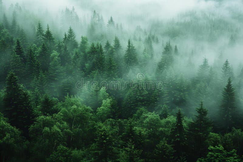 Digital Image of the Mist Covers the Cloudy Green Forest, High Quality ...