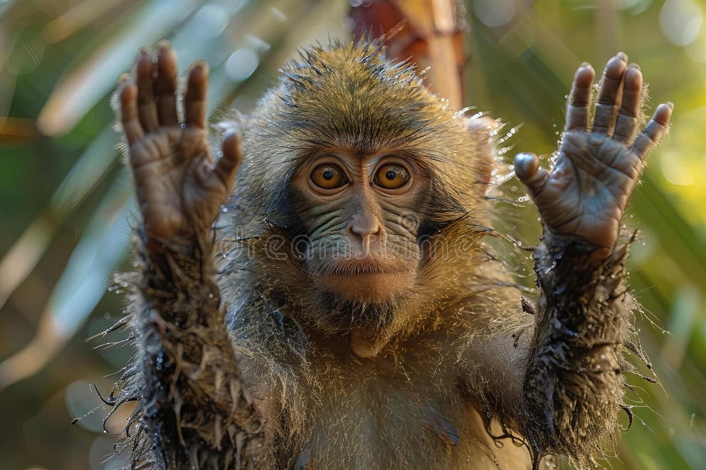 Digital Image of Monkey in the Palm Tree Holding Two Hands Up in the ...