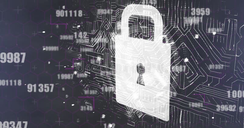 Digital Image of Multiple Changing Numbers Against Security Padlock Icon Against Microprocessor ...