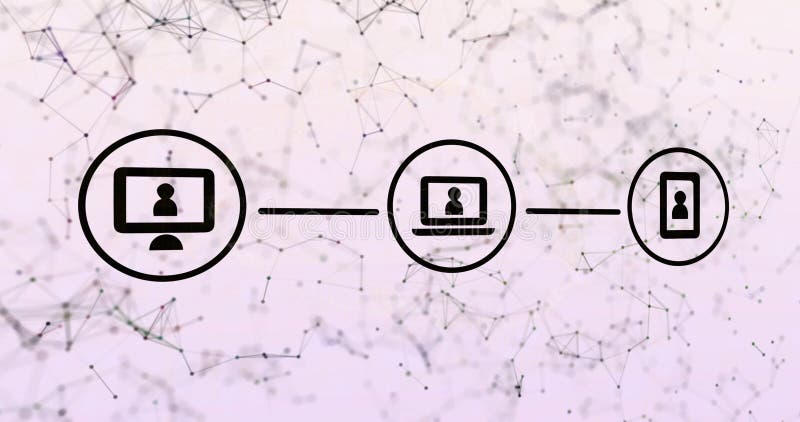 Digital Image of Network of Digital Icons Against Network of Connections on Pink Background ...