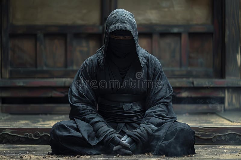 Digital Image of Ninja in a Black Outfit Sitting on the Floor Against a ...