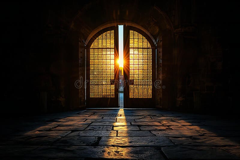 Digital Image of Open Church Gate with Two Doors, the Light is Shining ...