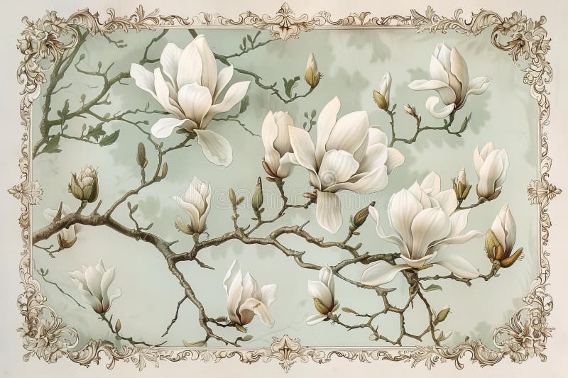 Digital Image of Painted Magnolia Branches with White Blooms, High ...