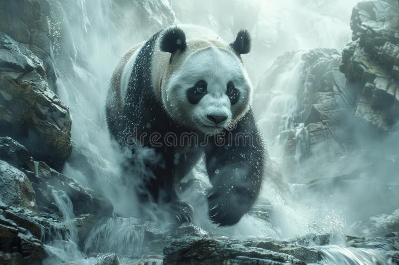Digital Image of Panda Walks through Misty Rocks, High Quality, High ...