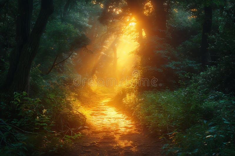 Digital Image of Pathway through Green Trees with Sunlight Shining on ...