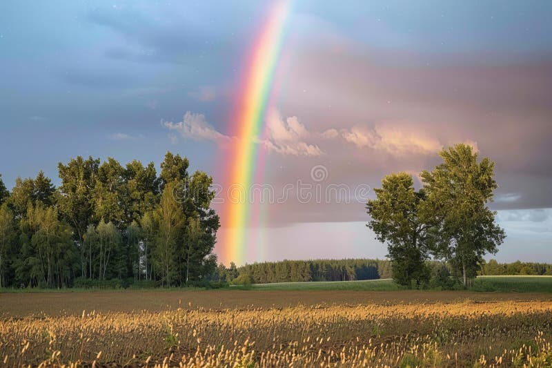Digital Image of Rainbow in the Sky after Rain Over an Open Field with ...