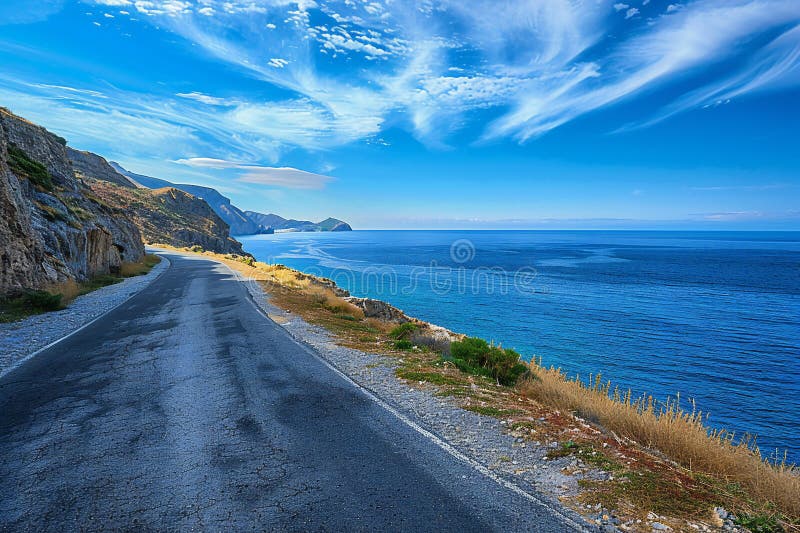 Digital Image of Road on the Coast, with Blue Sky and Sea in the ...